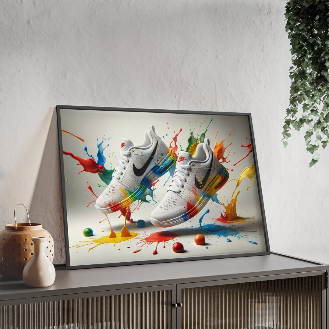 Framed Nike Sneakers With Colorful Paint Splatterswall Art, Ready to ...