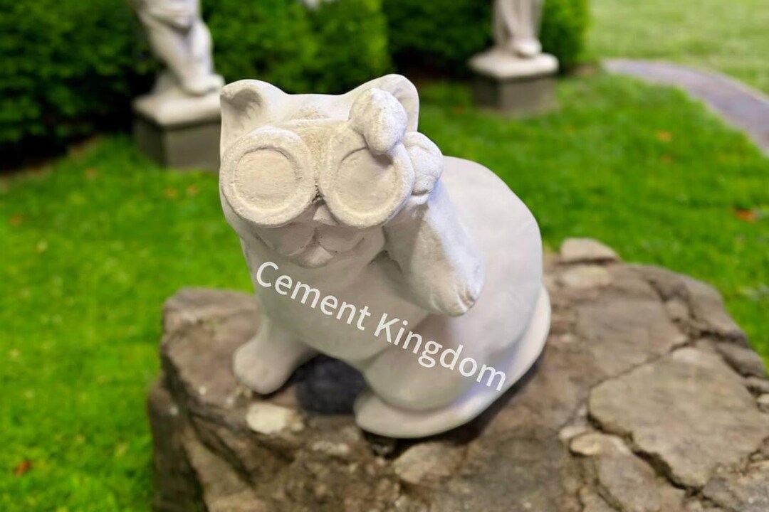 Cement Cat With Binoculars Figurine, Detailed Kitty Sculpture, Concrete ...