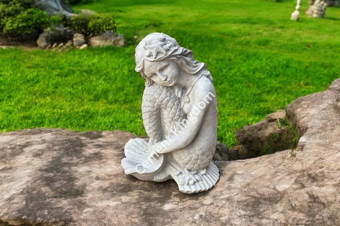 Detailed Mermaid Sitting on Shell Sculpture, Concrete Mermaid Figure ...