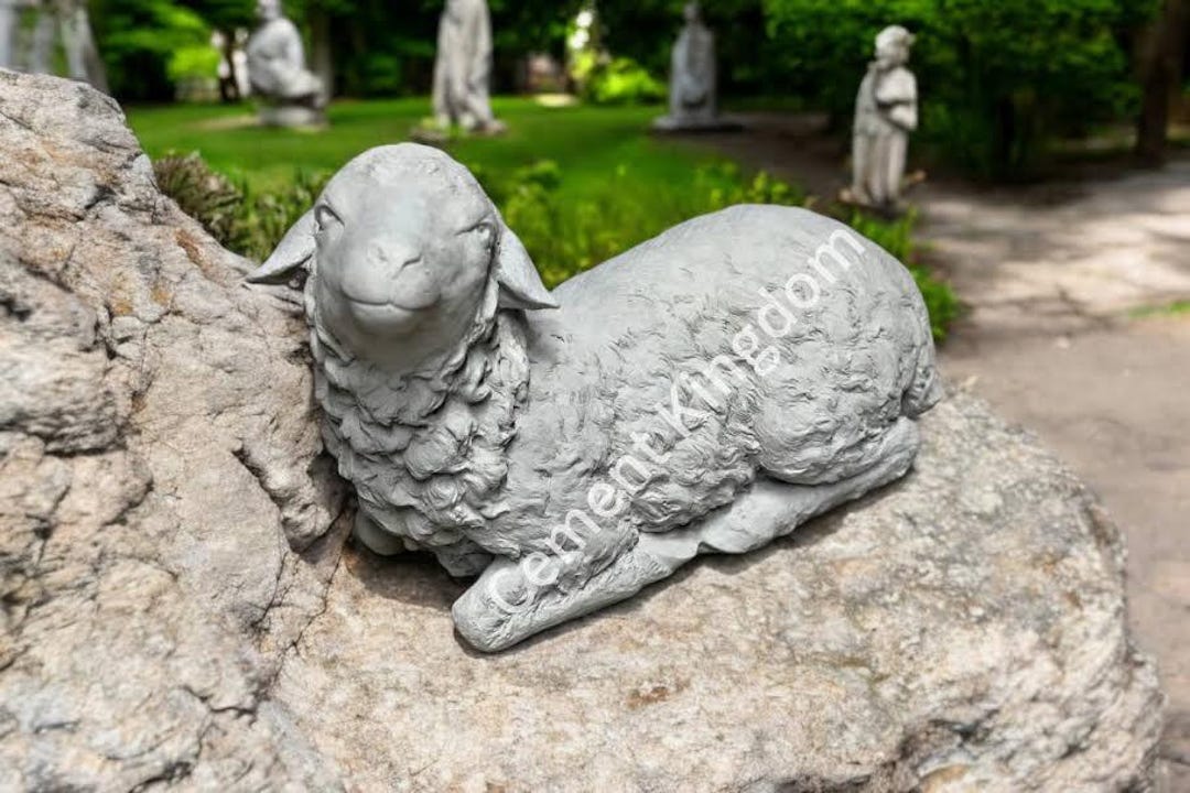 Laying Sheep Garden Statue, Concrete Lamb Yard Sculpture, Detailed ...