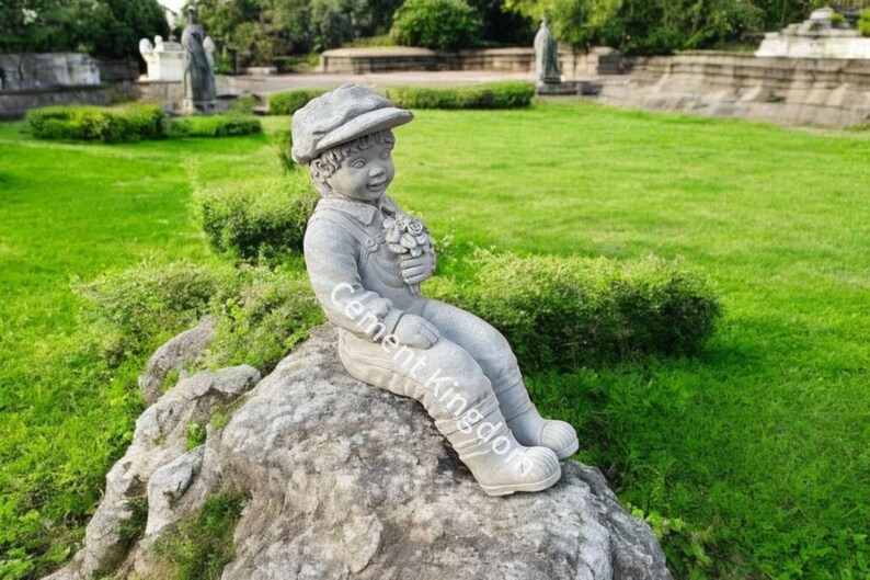 Concrete Boy Statue Sitting With Flowers, Outdoor Child Figure, Massive ...