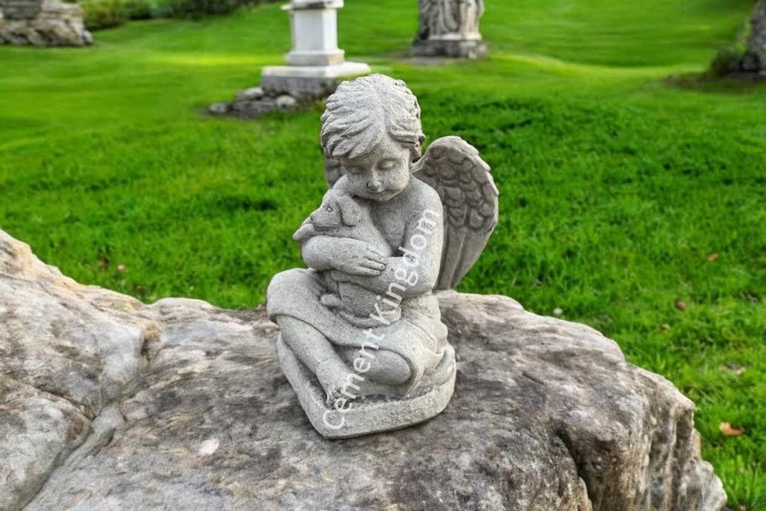 Angel With Dog Sculpture, Sitting Angel and Puppy, Cherub Statue, Kid ...