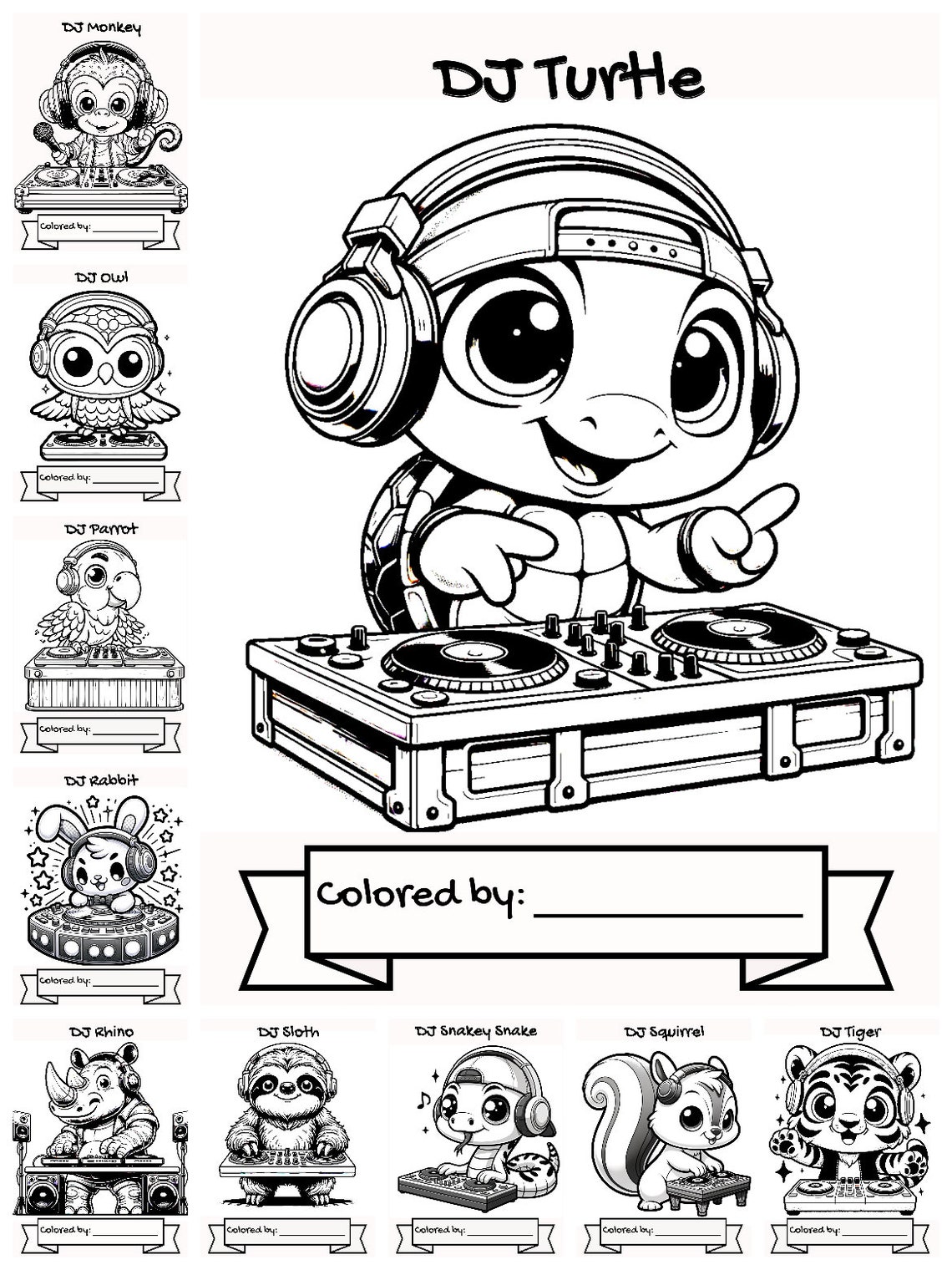 Kids Animal DJ Coloring Book, Instant Download, Coloring Bundle ...