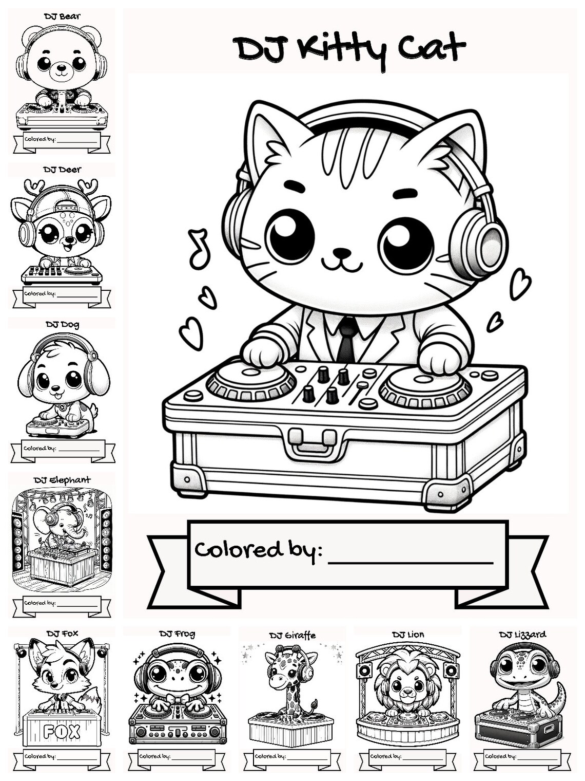 Kids Animal DJ Coloring Book, Instant Download, Coloring Bundle ...