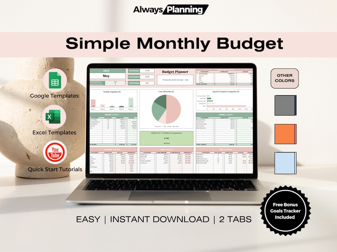 Simple Excel Budget Template Monthly Budget Google Sheet Budget ...
