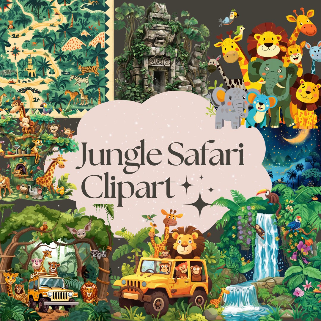 Jungle Safari Adventure Clipart Bundle Cute Jungle Animals Kids Decor ...