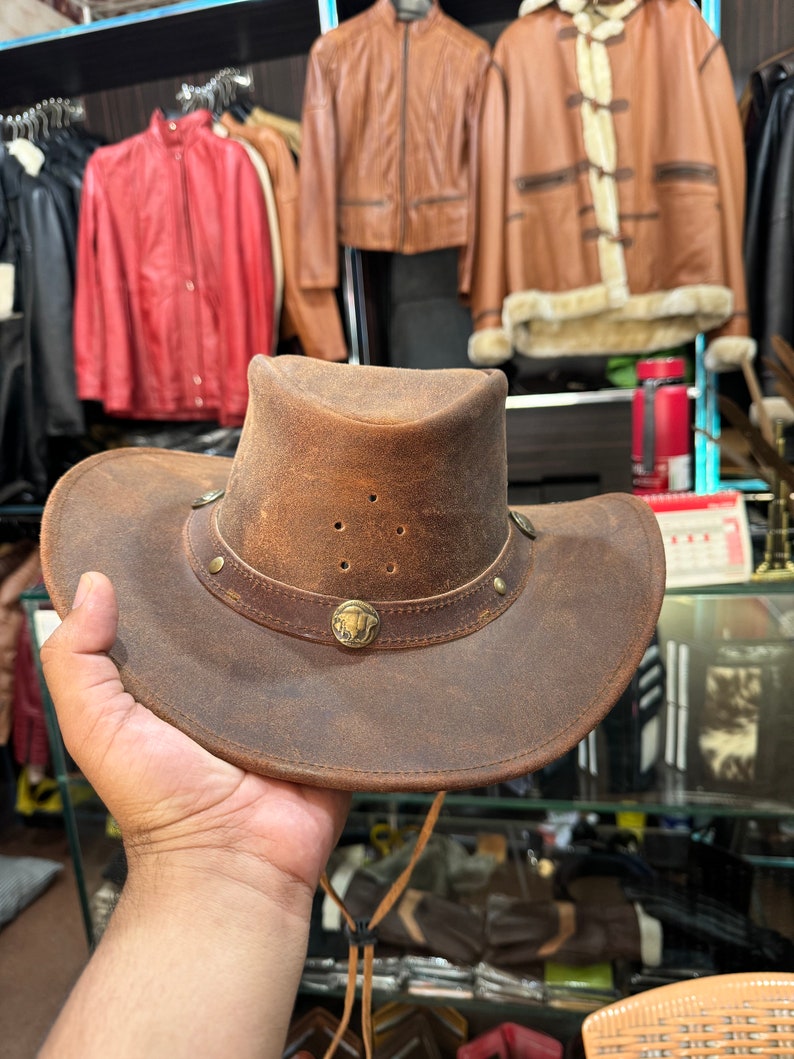 Men's Real Leather Western Cowboy Style Tan Crazy Horse Bush Hat ...
