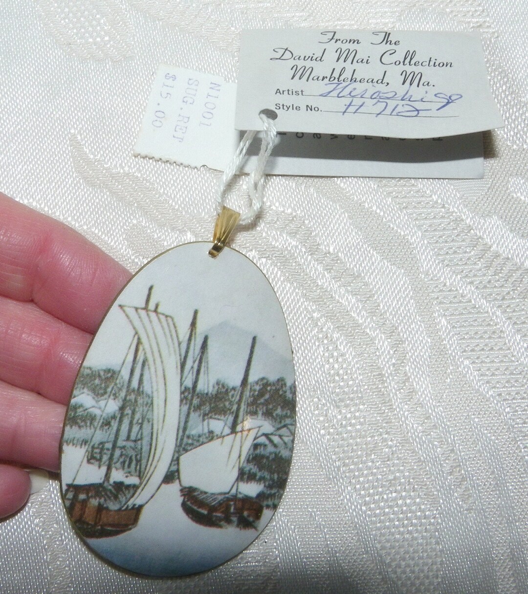 Vintage David Mai Artist Heroshige Pendant Jewelry Necklace Sailboats ...