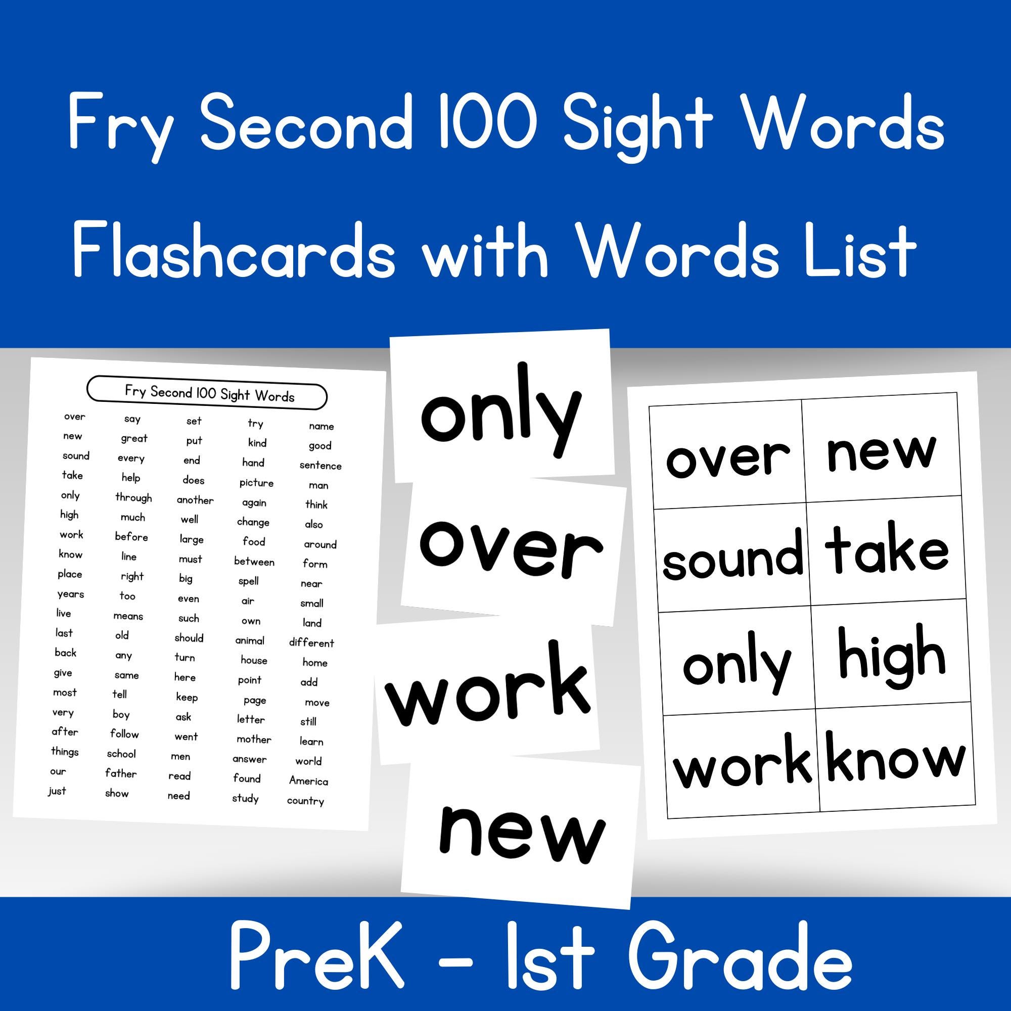 Printable Fry Second 100 Sight Words Flashcards With Words List. Prek ...