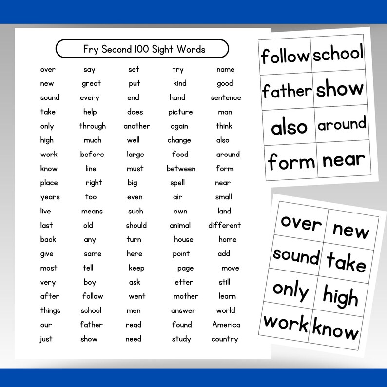 Printable Fry Second 100 Sight Words Flashcards With Words List. Prek ...