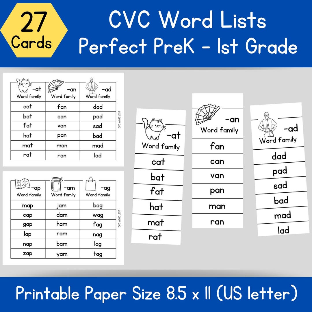 27 Sets CVC Word List Printable, Prek - 1st Grade Reading, Phonics ...