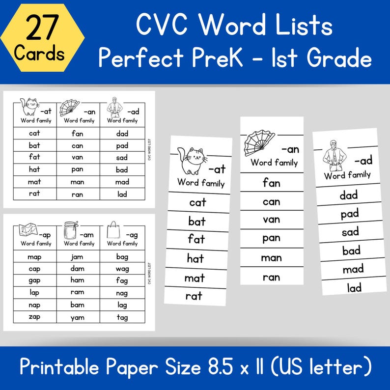 27 Sets CVC Word List Printable, Prek - 1st Grade Reading, Phonics ...