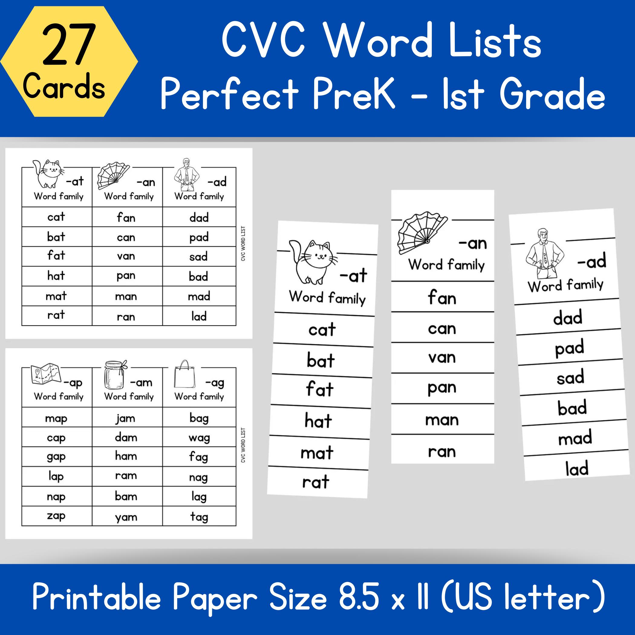 27 Sets CVC Word List Printable, Prek - 1st Grade Reading, Phonics ...