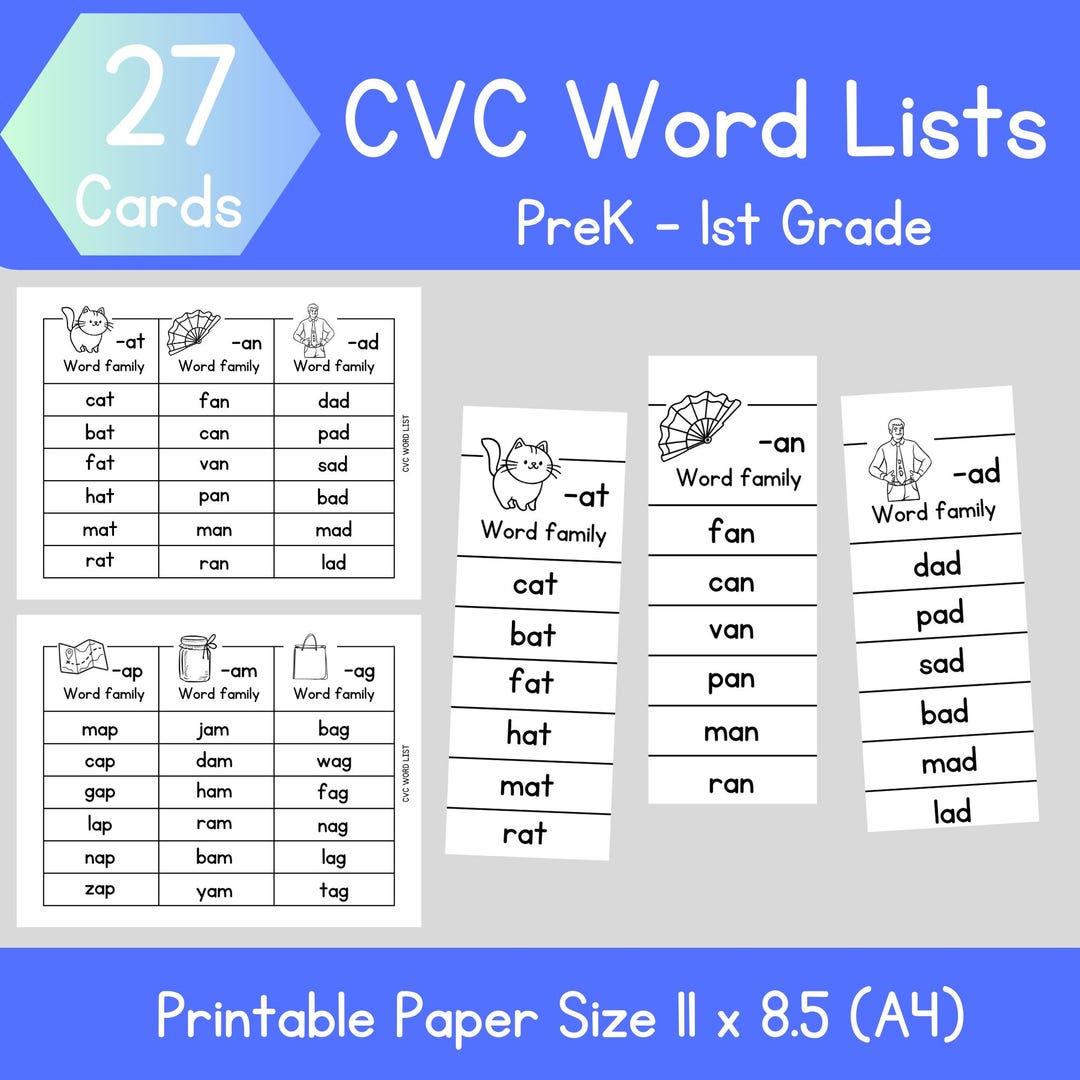 27 Sets CVC Word List Printable, Prek 1st Grade Reading, Phonics Cards ...