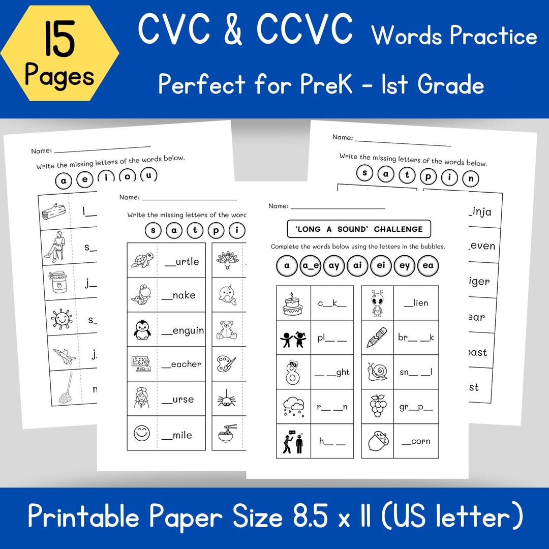 CVC and CCVC Word Practice Printable Perfect for Prek - 1st Grade Home ...