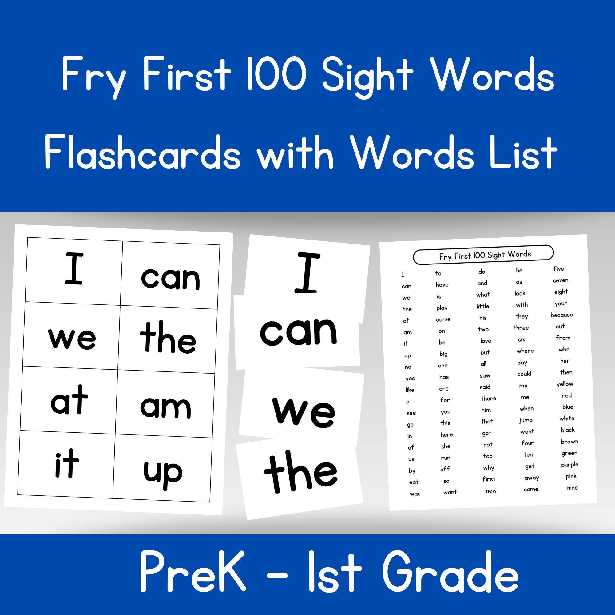 Printable Fry First 100 Sight Words Flashcards With Words List. Prek ...