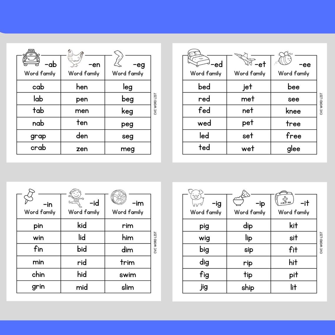 27 Sets CVC Word List Printable, Prek - 1st Grade Reading, Phonics ...