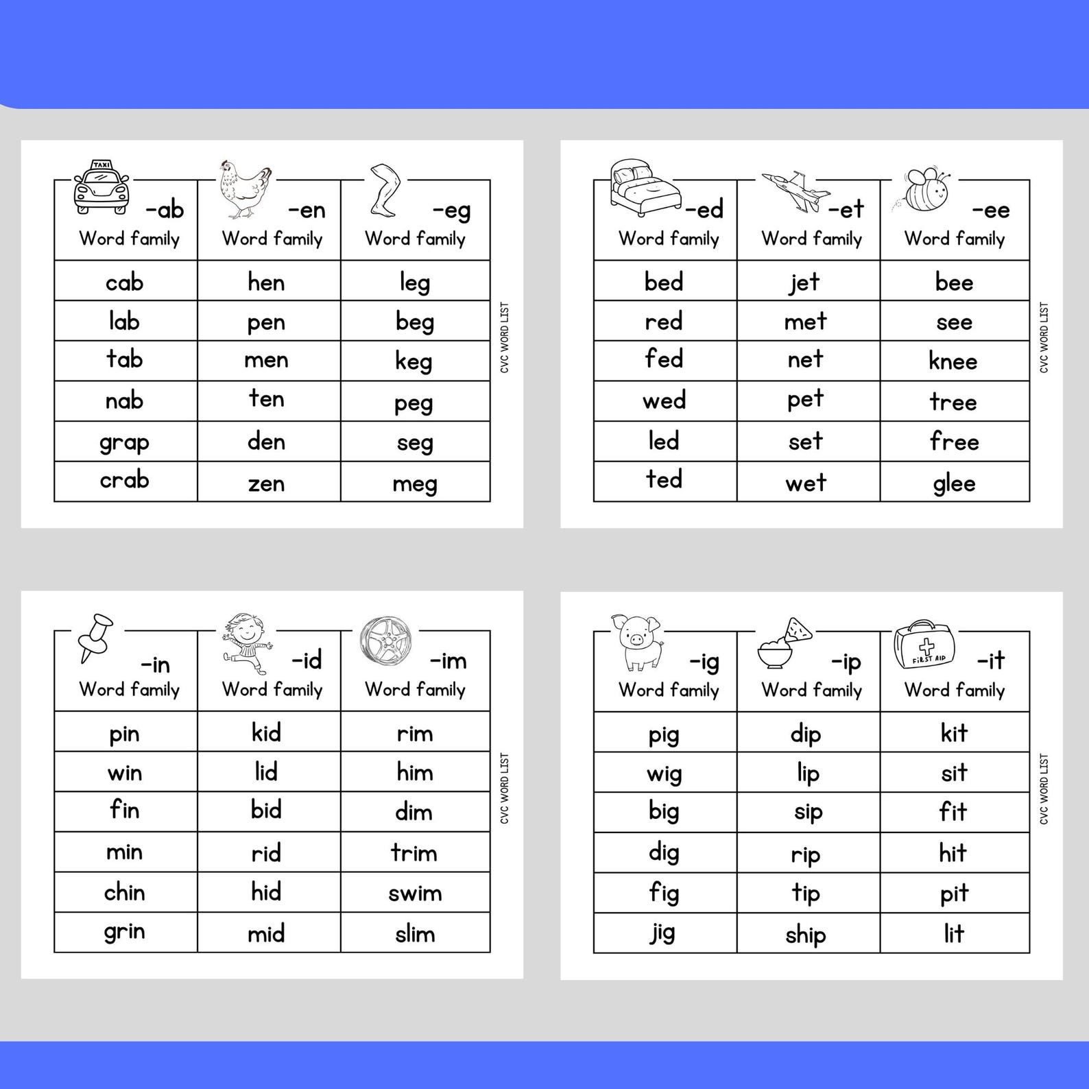27 Sets CVC Word List Printable, Prek - 1st Grade Reading, Phonics ...