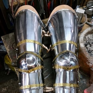 Medieval Greaves Leg Guard Brass Knight Armor 18 Guage Steel LARP ...