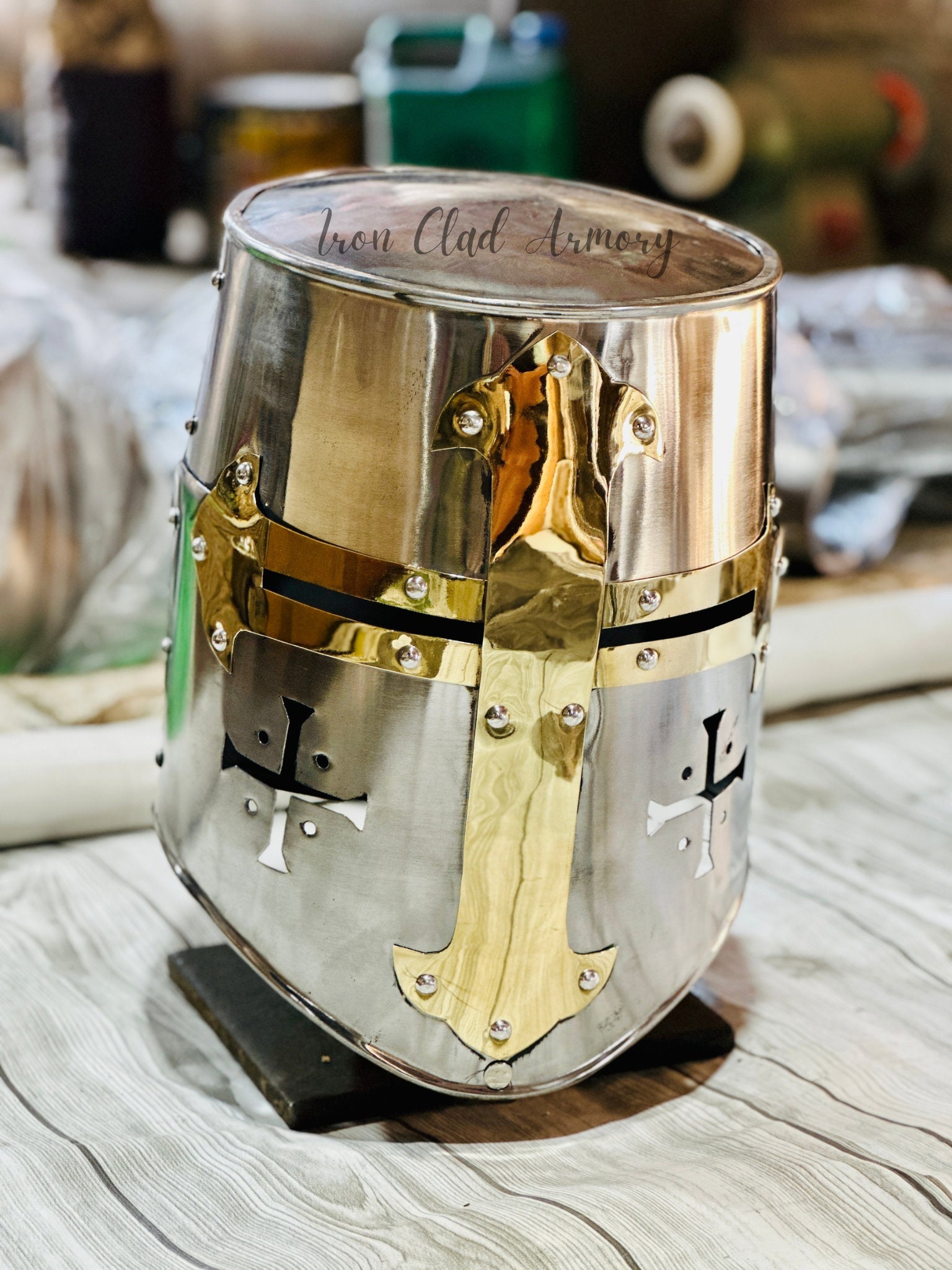 Crusader Templar Helmet Steel Knight Helmet Medieval Brass Cross ...