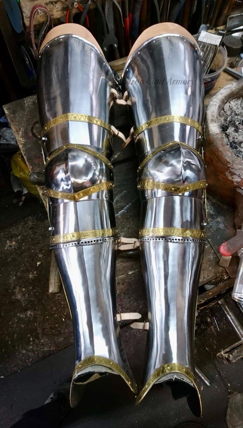 Medieval Greaves Leg Guard Brass Knight Armor 18 Guage Steel LARP ...