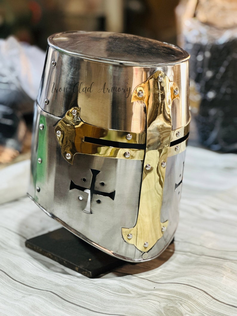 Crusader Templar Helmet Steel Knight Helmet Medieval Brass Cross ...
