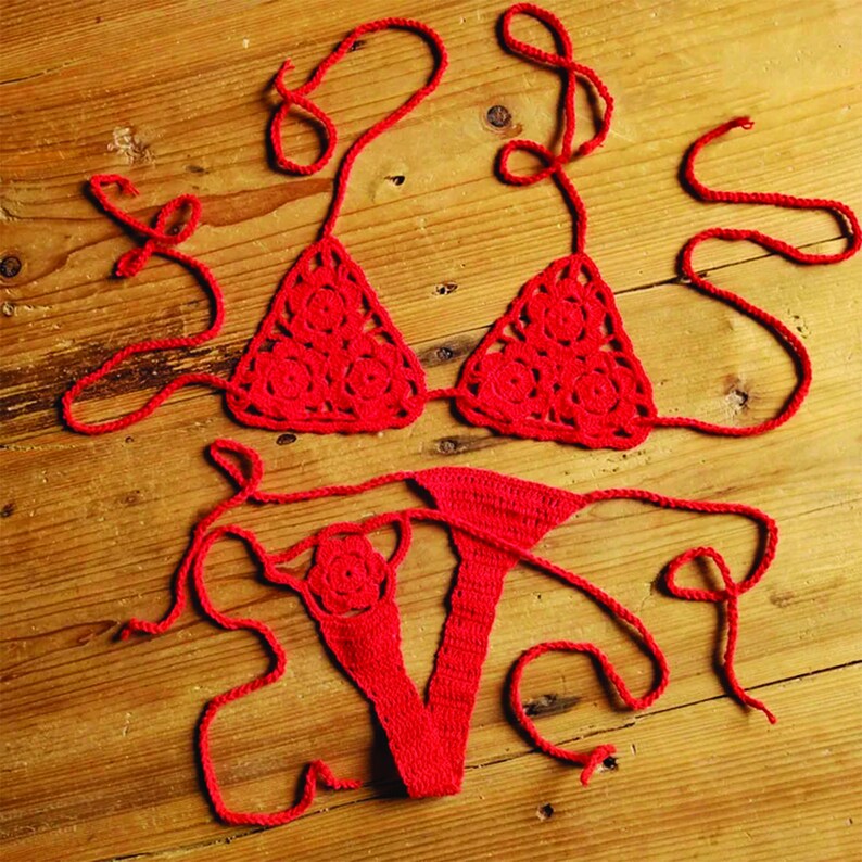 Sexy Crochet Bikini Set Crochet Thong Crochet Bra Flower Beach Wear Swimsuit Lace Up Floral Mini