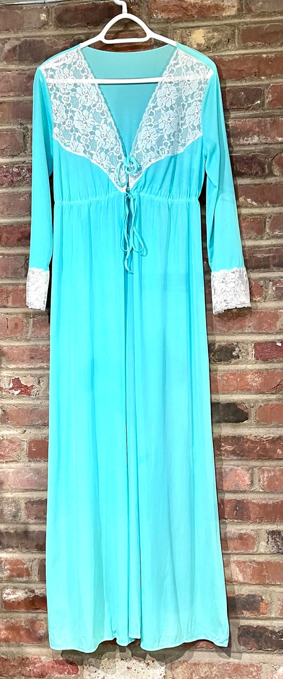 Vintage 1950’s Turquoise Long Silky Robe with Lace Tr… - Gem