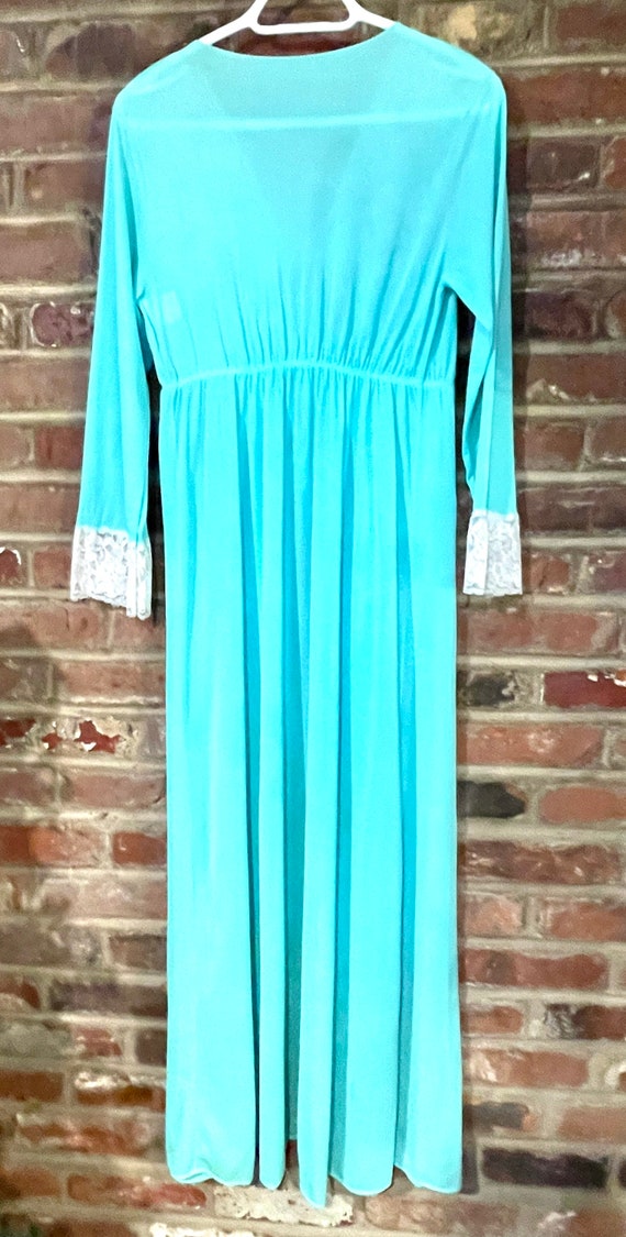 Vintage 1950’s Turquoise Long Silky Robe with Lace Tr… - Gem