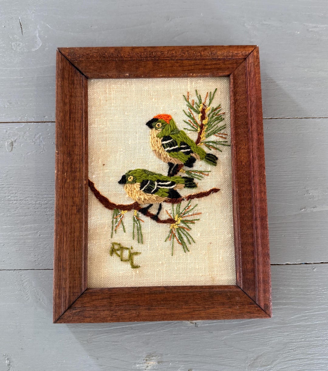 Vintage Framed Crewel Embroidery – Birds on a Pine Branch, Wool ...