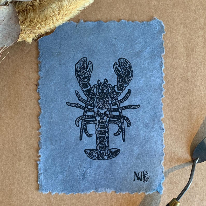Lobster & Daisies Linocut Poster - Hand Printed - 15x21 Portrait Format ...