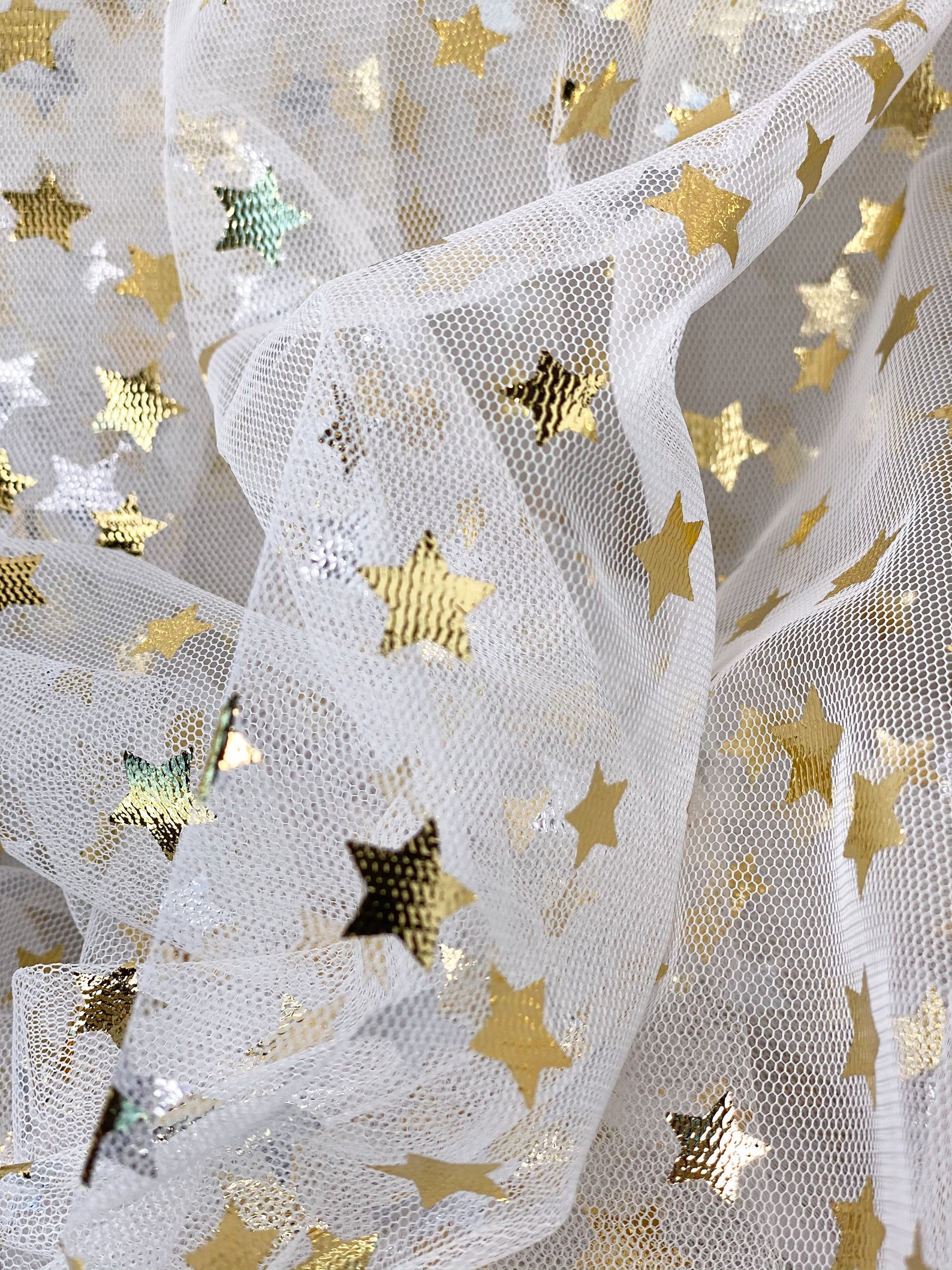 Gold Stars on White Tulle Ultra-fine Tulle 100% Polyester 58 Wide Great ...