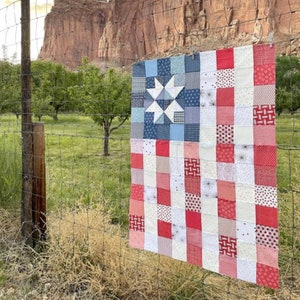 Patchwork US Flag Quilt Kit Fabrics Curated by Sojo Fabric Free Tutorial by Amy Smart of Dairy ...
