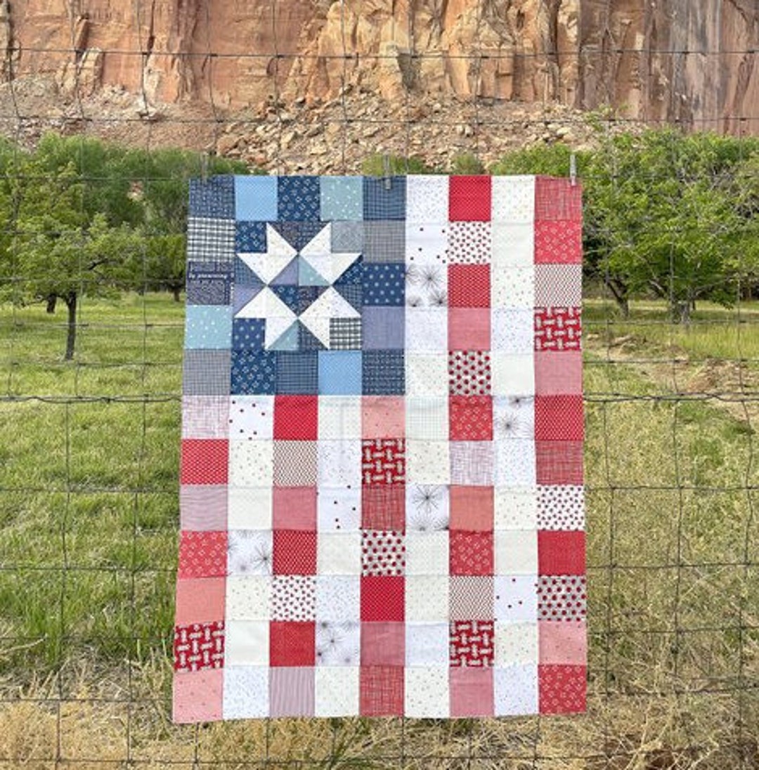 Patchwork US Flag Quilt Kit Fabrics Curated by Sojo Fabric Free Tutorial by Amy Smart of Dairy ...