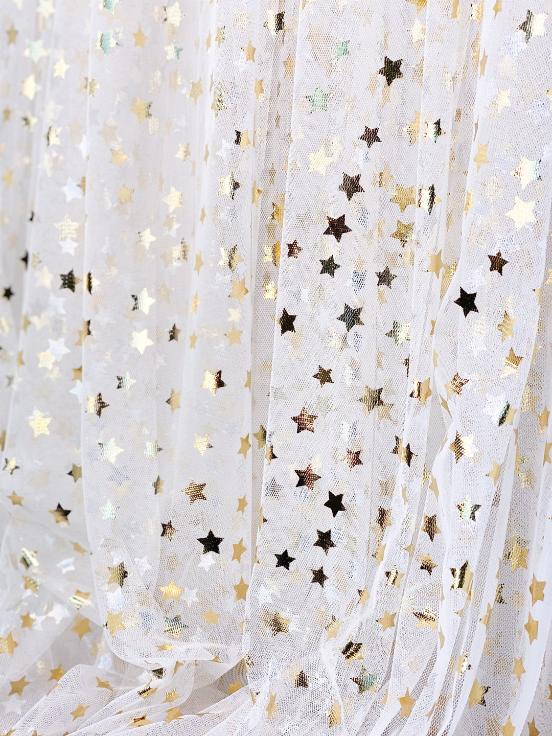 Gold Stars on White Tulle - Ultra-fine Tulle - 100% Polyester 58" Wide ...