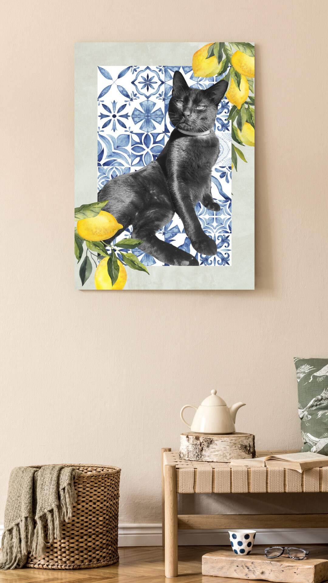 Custom Black and White Pet Portrait Collage With Lemon Tile Background - Unique Personalized Pet ...