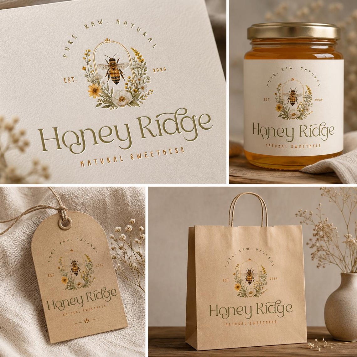 Premade Bee Logo, Rustic Floral, Natural Honey Brand, Small Business ...