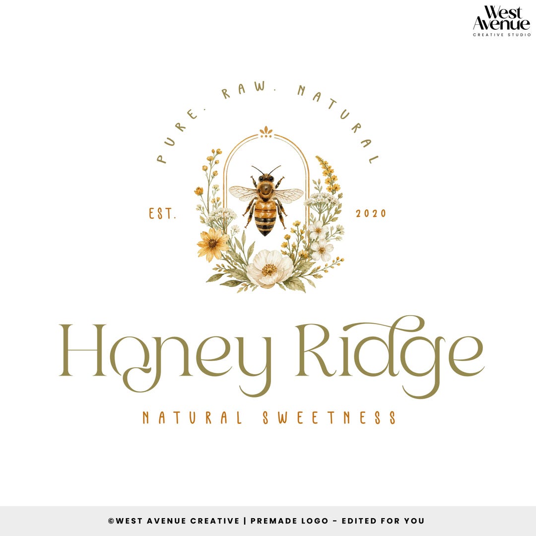 Premade Bee Logo, Rustic Floral, Natural Honey Brand, Small Business ...