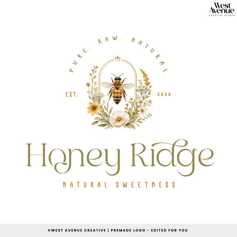 Premade Bee Logo, Rustic Floral, Natural Honey Brand, Small Business ...