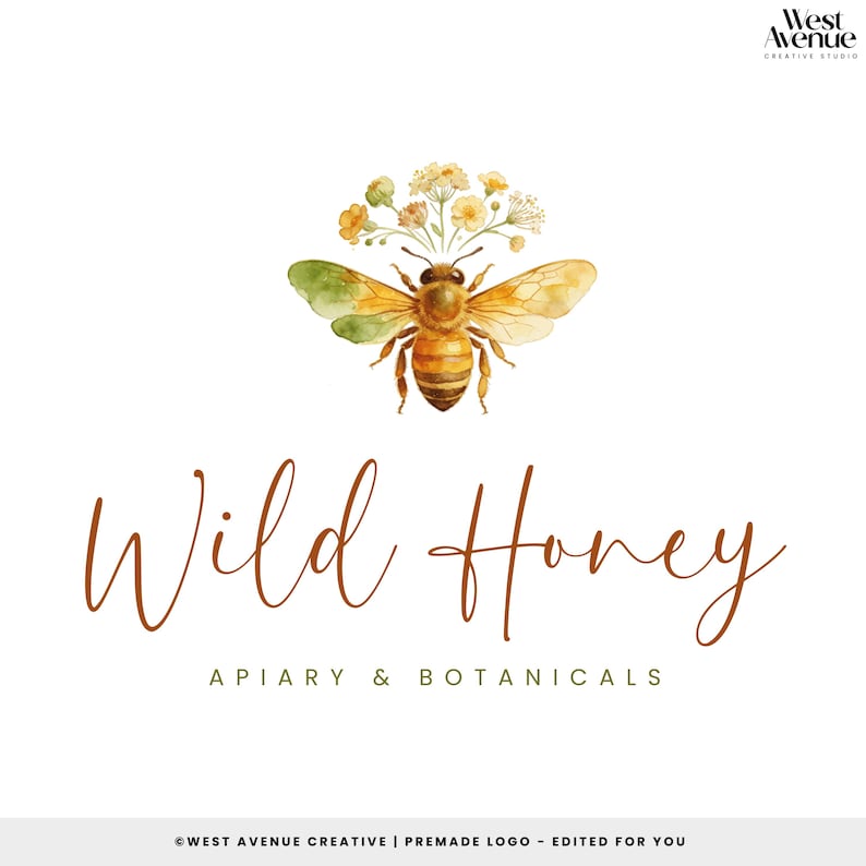 Watercolor Bee Logo, Wild Honey Apiary Branding, Botanical Design ...