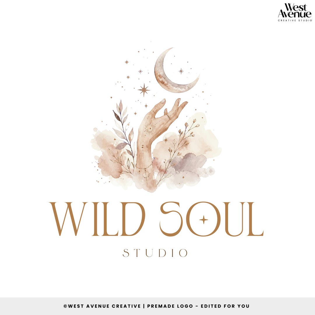 Wild Soul Studio Premade Logo, Boho Spiritual Logo Design, Moon & Hand ...