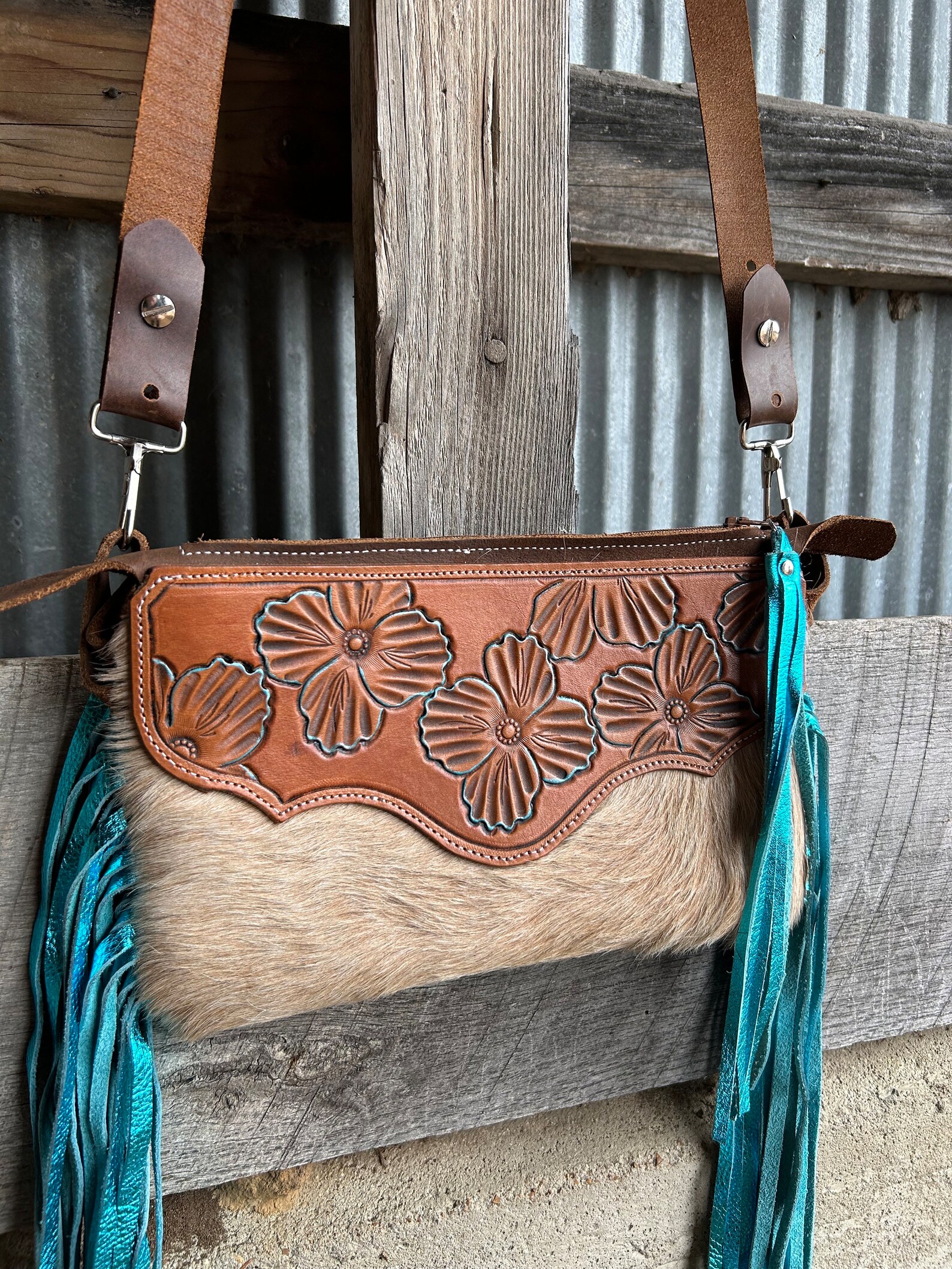 Hand Tooled Leather Cowhide Purse With Blue Fringe - Etsy
