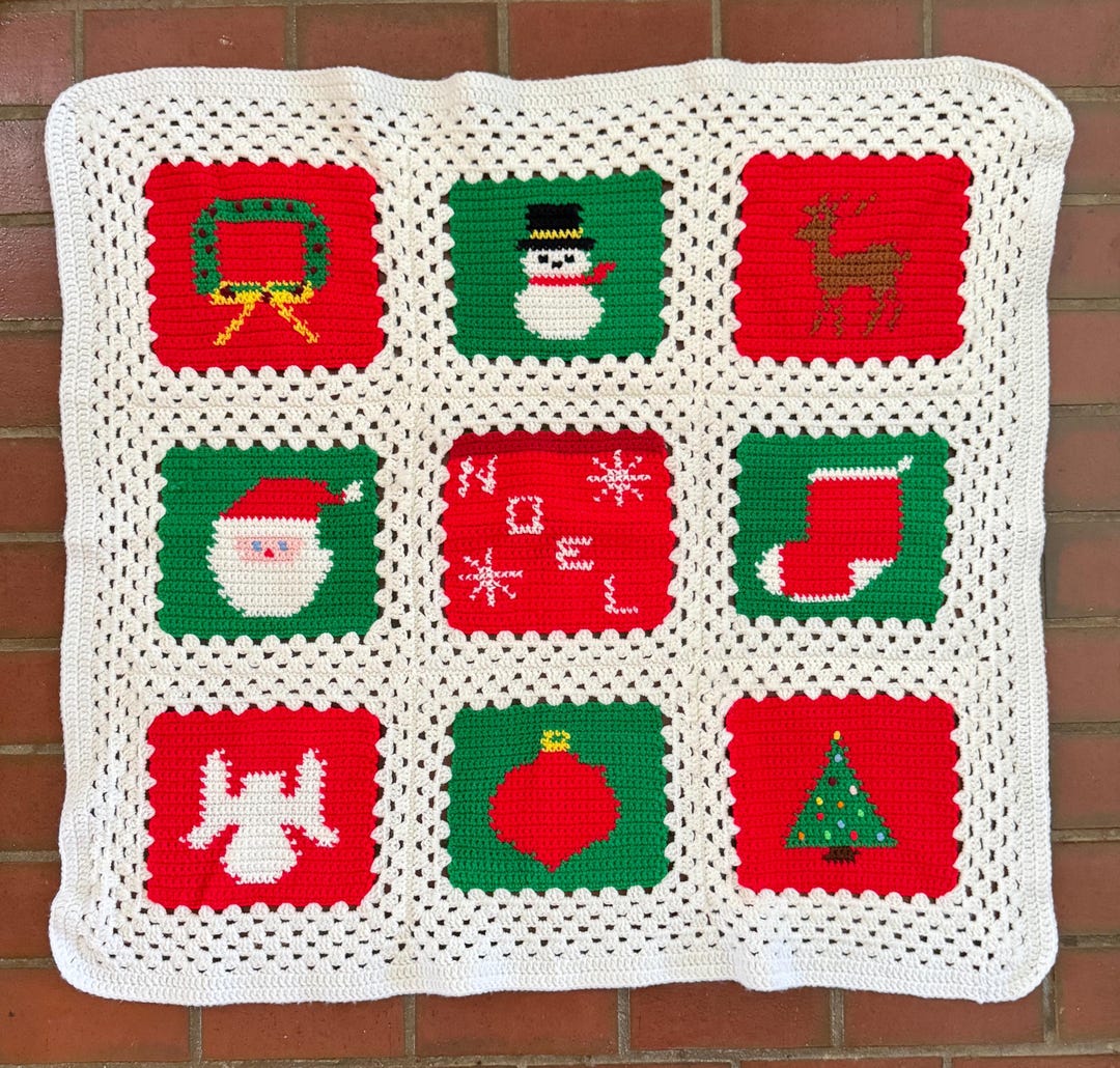 Christmas Crochet Blanket Handmade Block Crocheted Afghan With Festive ...