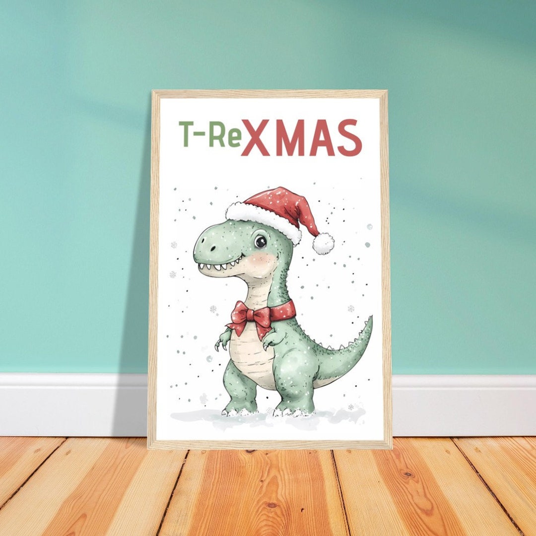 Christmas Dinosaur Poster, T-rex Xmas, Winter Snow, December Box Wall ...