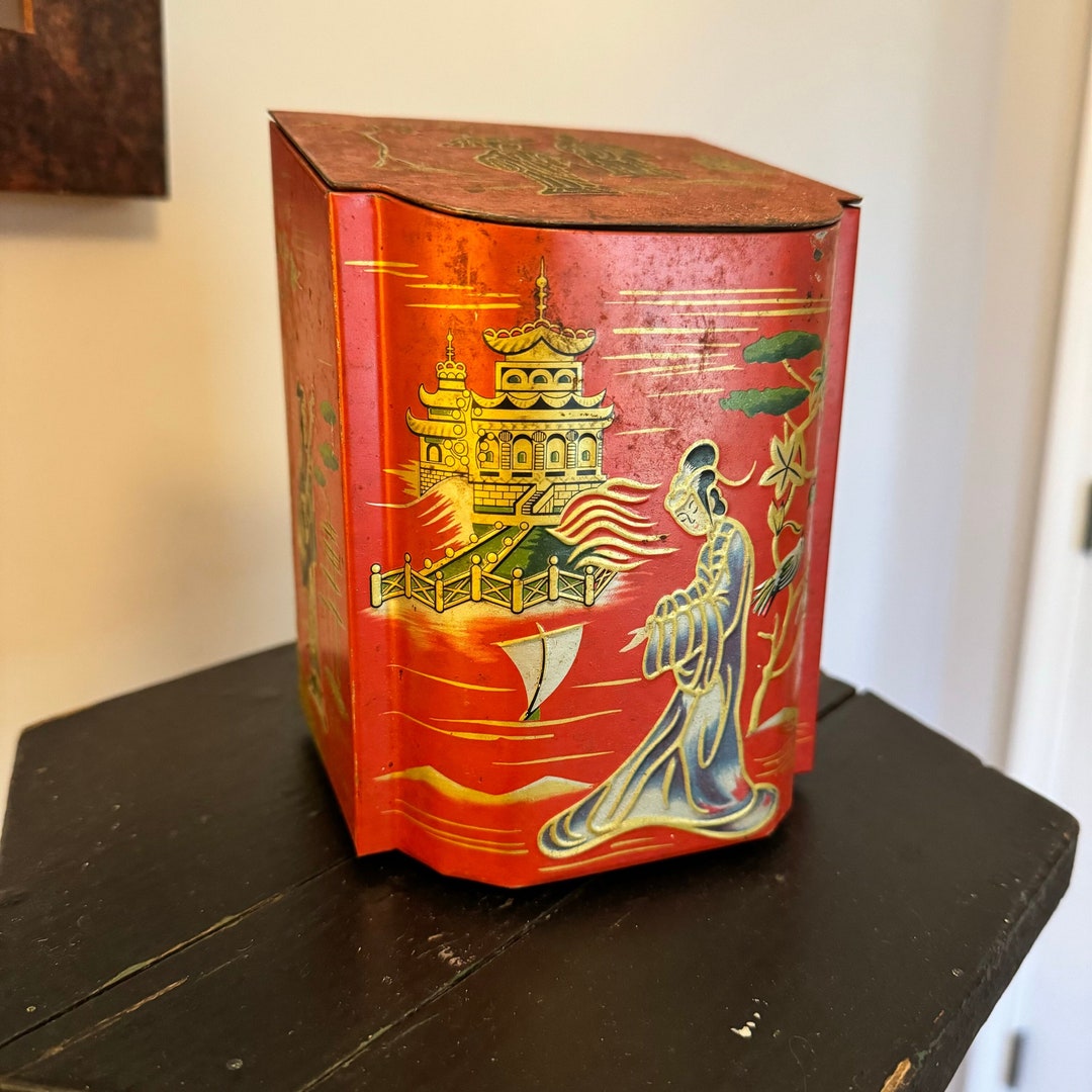 Vintage Chinese Tea Tin With Hinged Lid, Well Worn, Red and Gold - Etsy