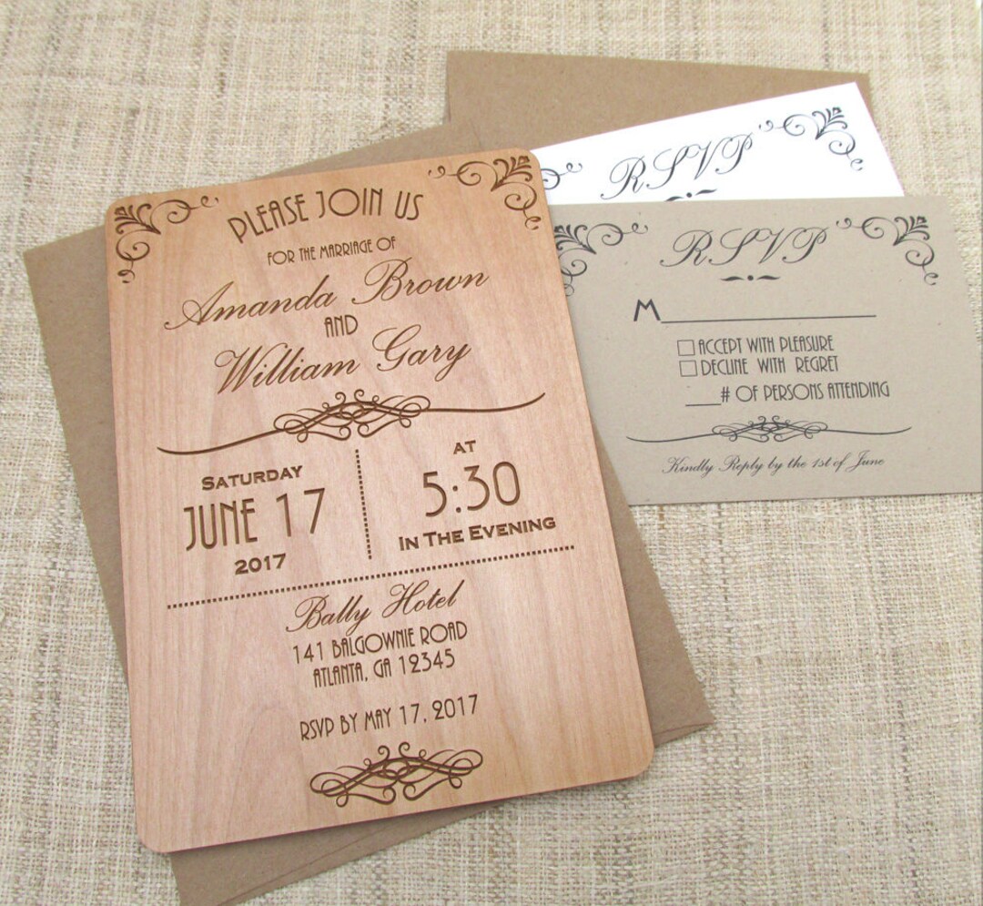 Wood Wedding Invitation - Art Deco Scroll Design Wedding Invitation ...