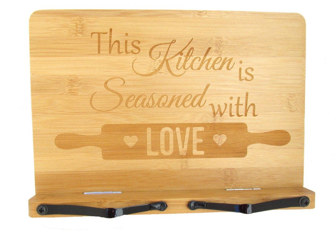 Seasoned With Love Cookbook Stand - Engraved Bamboo Recipe Stand ...