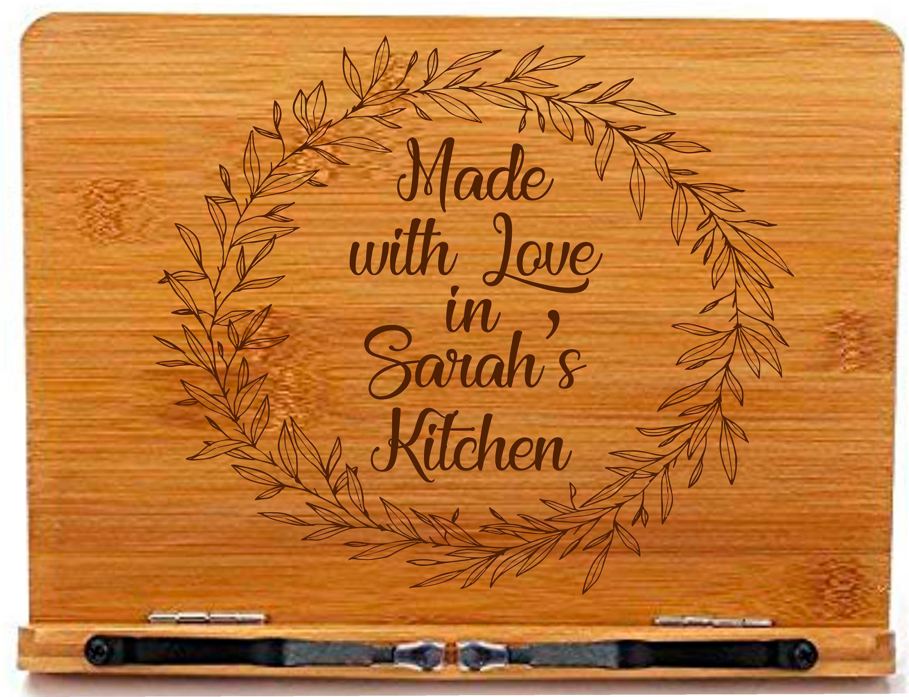 Made With Love Cookbook Stand - Engraved Bamboo Recipe Stand - Wooden ...