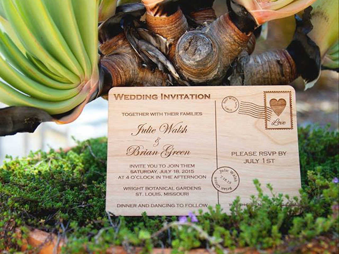 Postcard Wooden Wedding Invitation - Real Wood Invite - Etsy