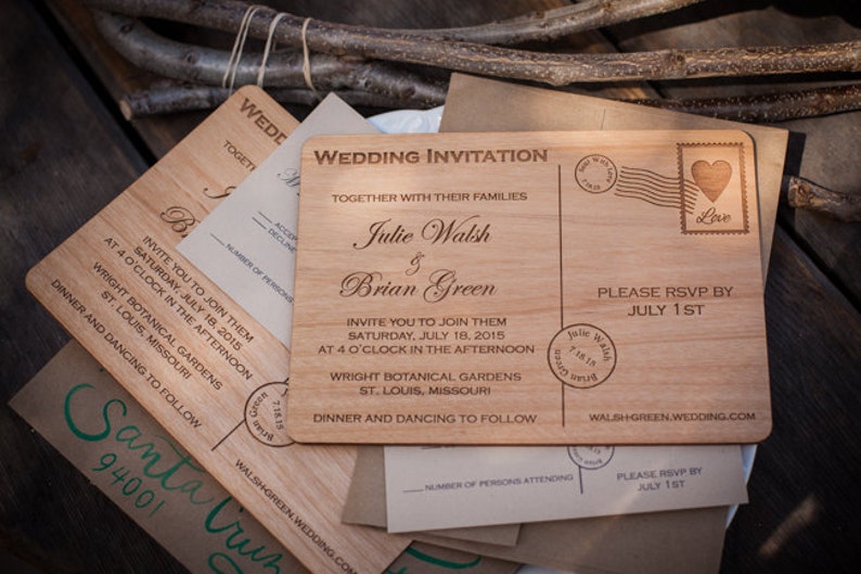Postcard Wooden Wedding Invitation Real Wood Invite | Etsy